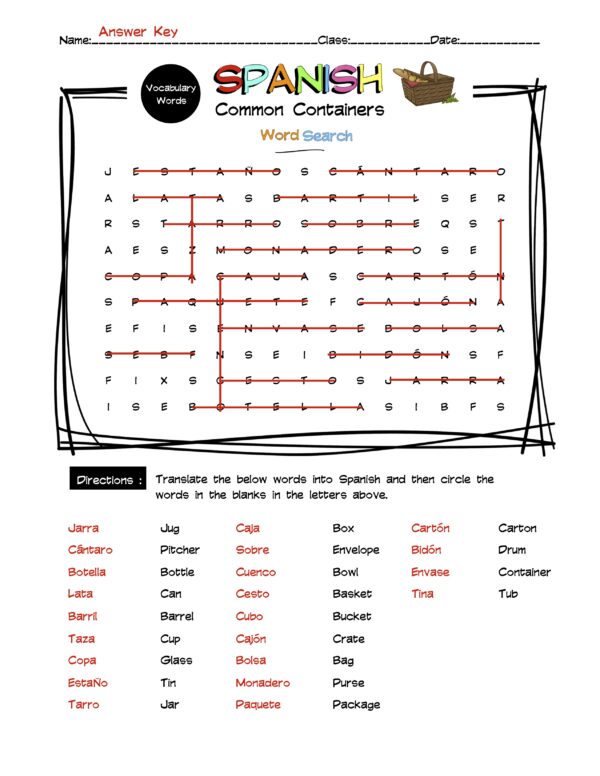 Spanish Common Containers Vocabulary Word Search & Answer Key | Made By ...