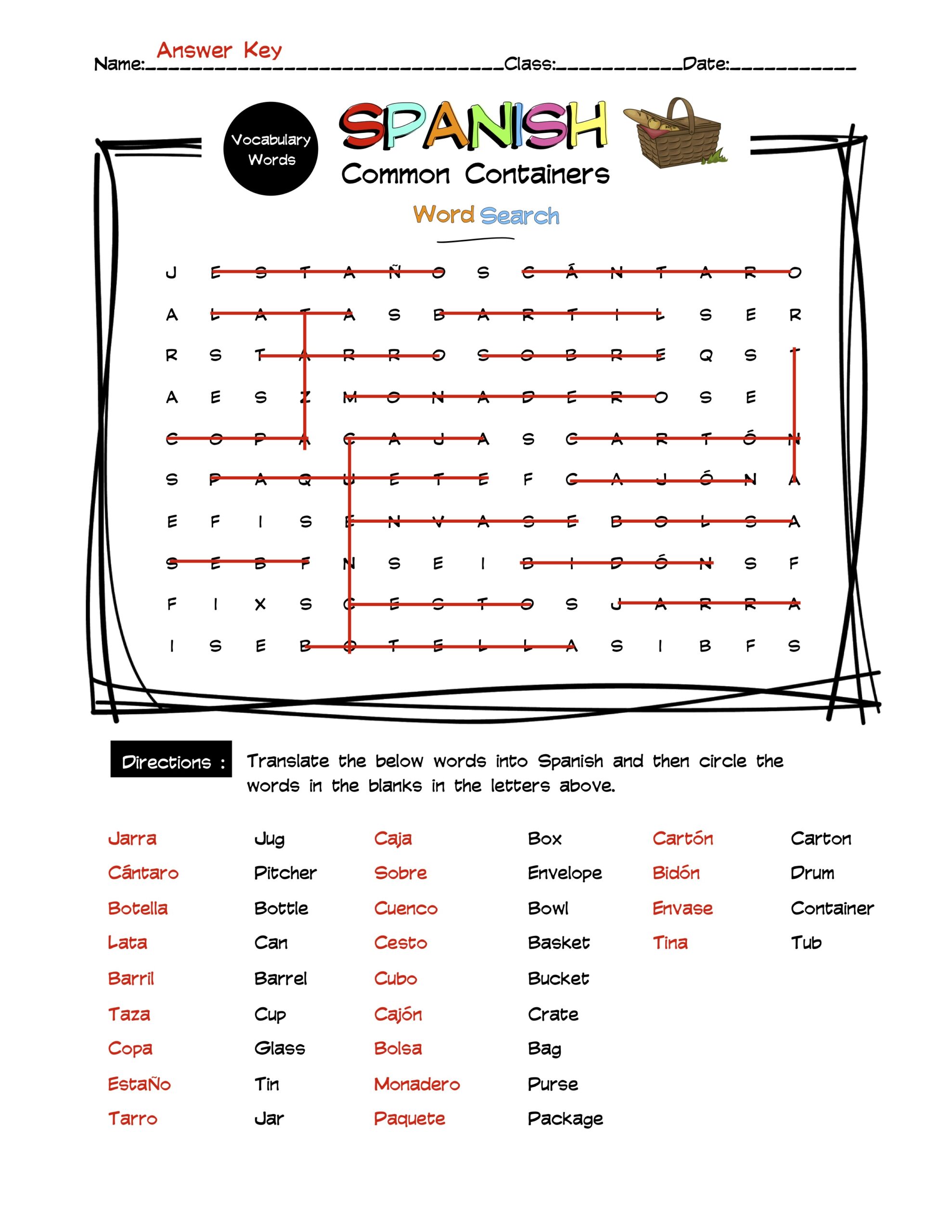 Spanish Common Containers Vocabulary Word Search & Answer Key | Made By ...