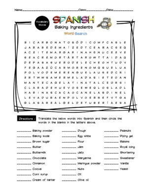 Spanish Baking Ingredients Vocabulary Word Search & Answer Key | Made ...
