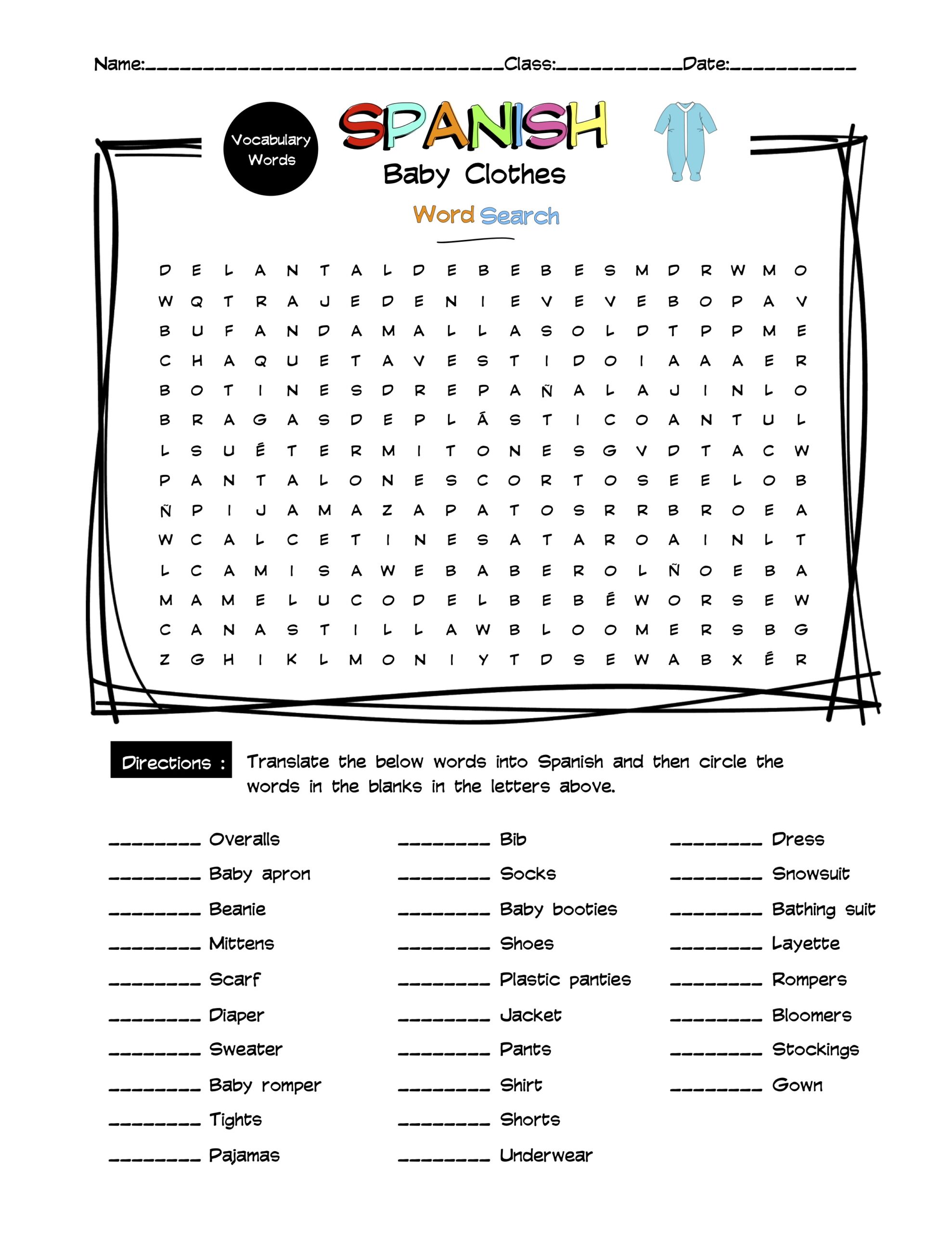 Spanish Baby Clothes Vocabulary Word Search & Answer Key | Made By Teachers