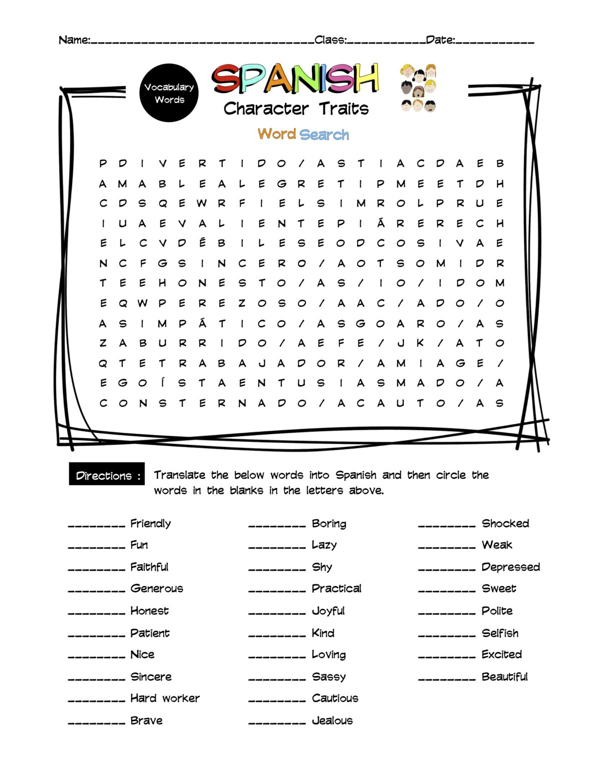 Spanish Character Traits Vocabulary Word Search & Answer Key | Made By ...