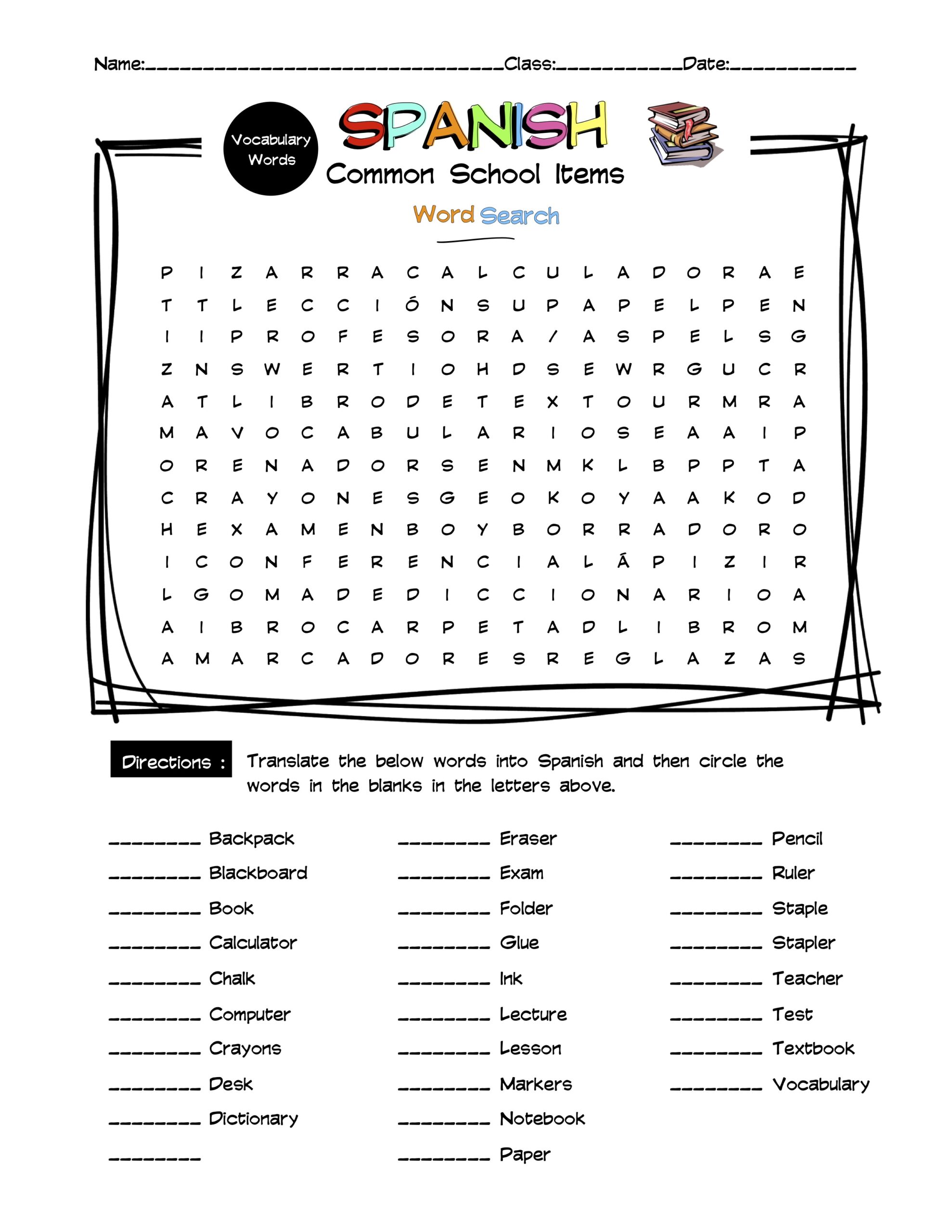 Spanish School Items Vocabulary Word Search Answer Key Made By Teachers
