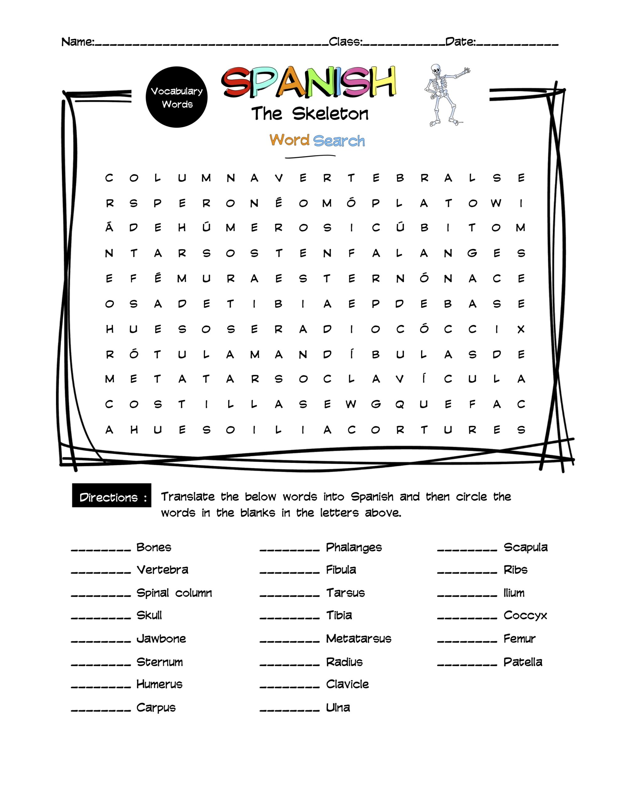 Spanish Skeleton Vocabulary Word Search & Answer Key - Made By Teachers