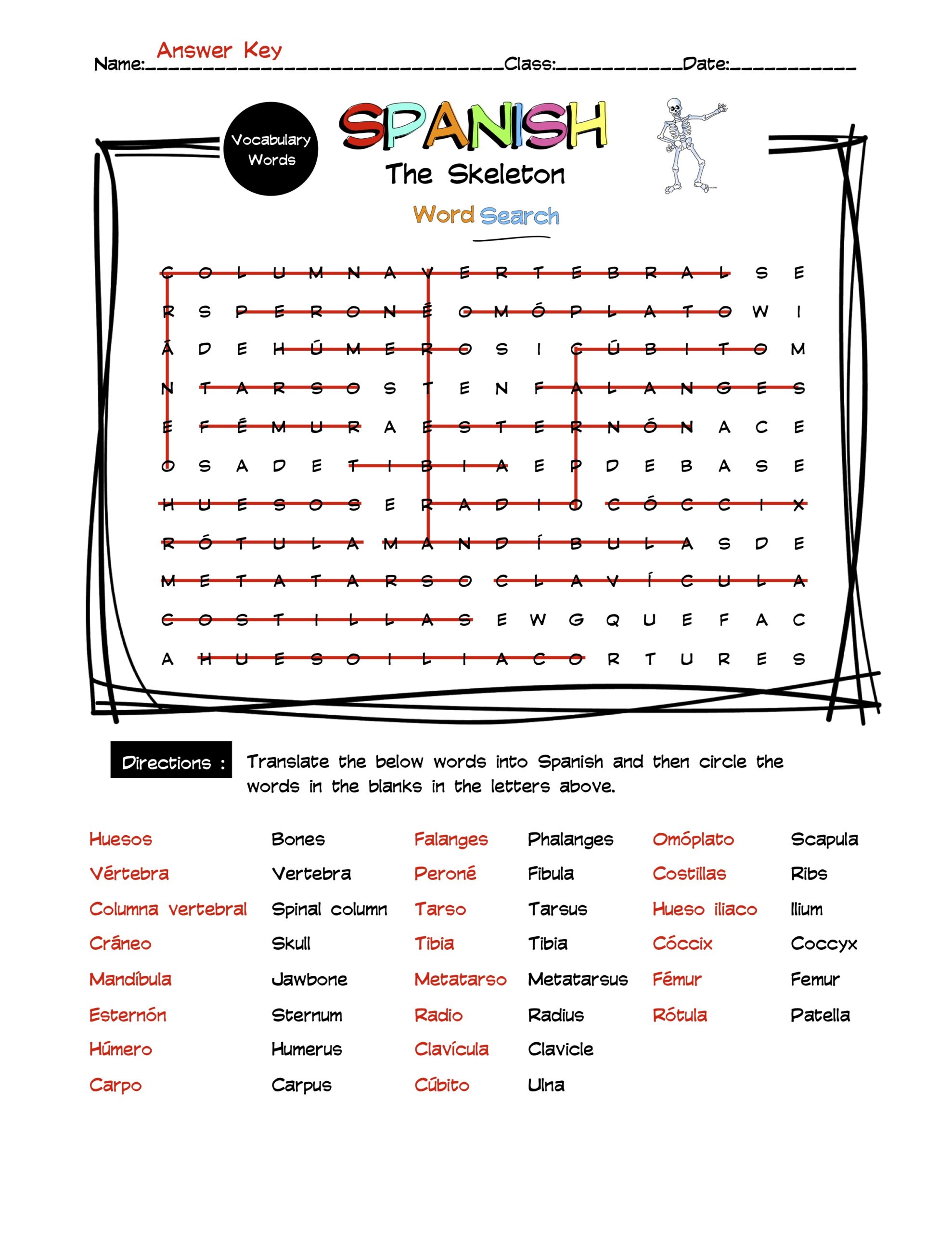 Spanish Skeleton Vocabulary Word Search & Answer Key | Made By Teachers
