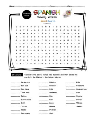 Spanish Sewing Words Vocabulary Word Search & Answer Key | Made By Teachers