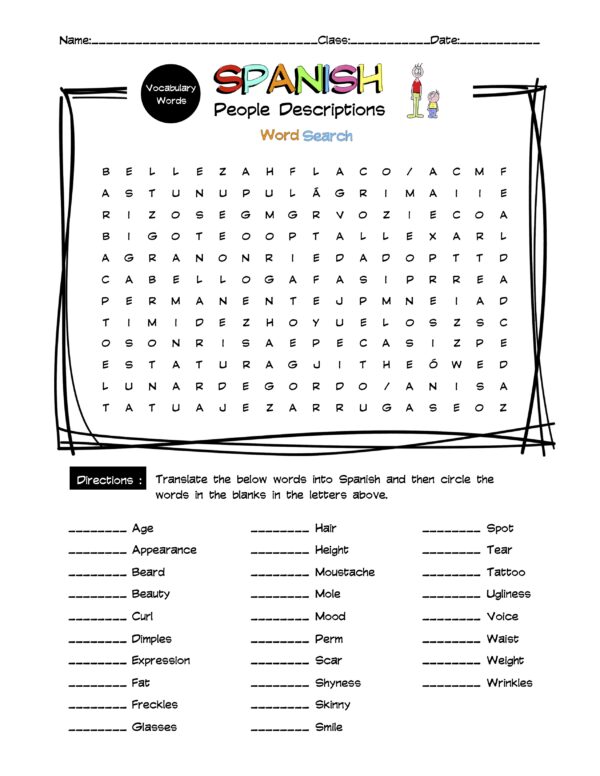 Spanish People Descriptions Vocabulary Word Search & Answer Key | Made ...
