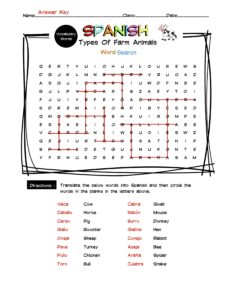 Spanish Farm Animals Vocabulary Word Search & Answer Key | Made By Teachers