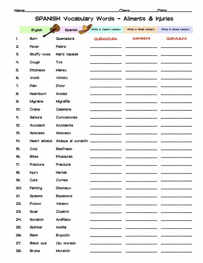 Spanish The Skeleton Vocabulary Word List Worksheet & Answer Key | Made ...
