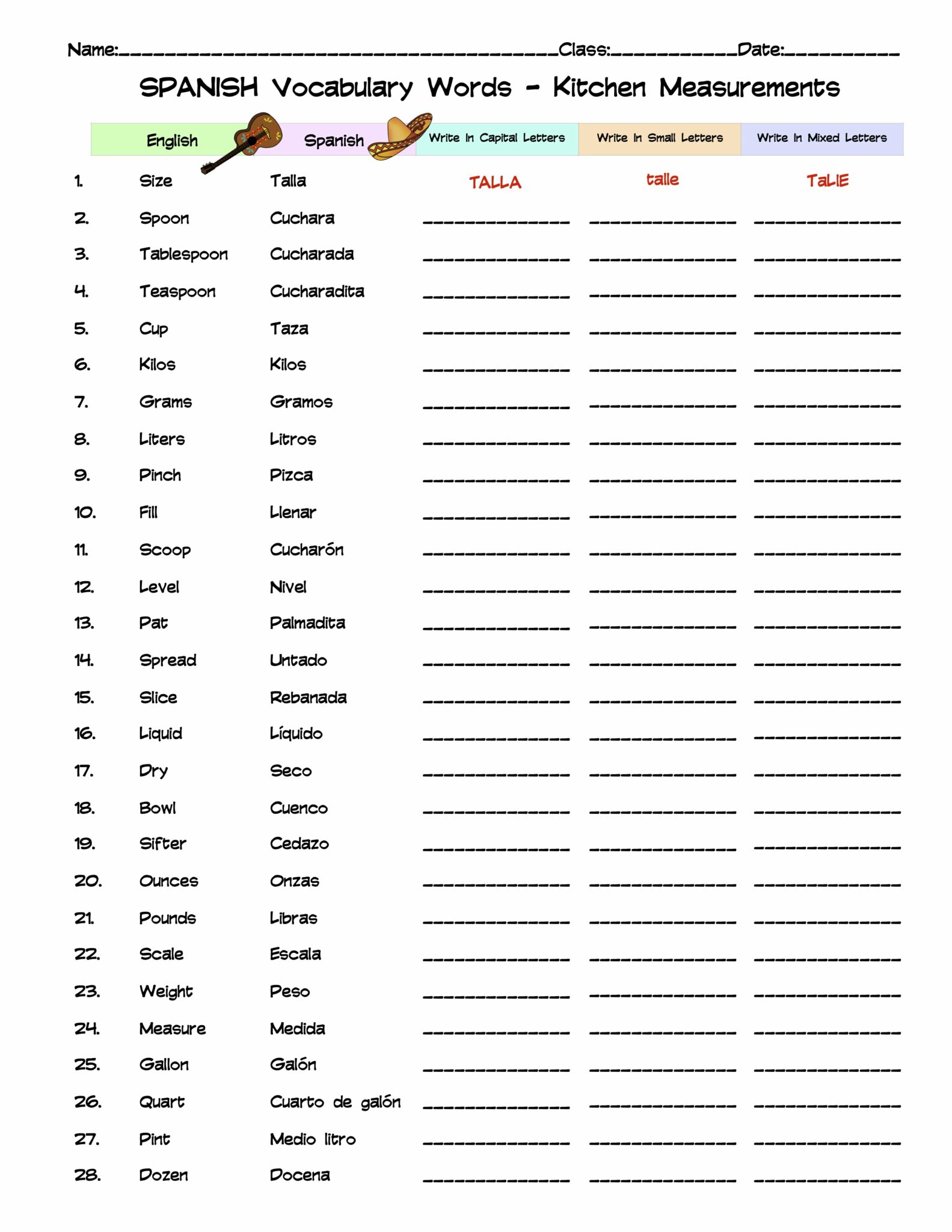 Spanish Basic Colors Vocabulary Word List Column Worksheet | Made By ...
