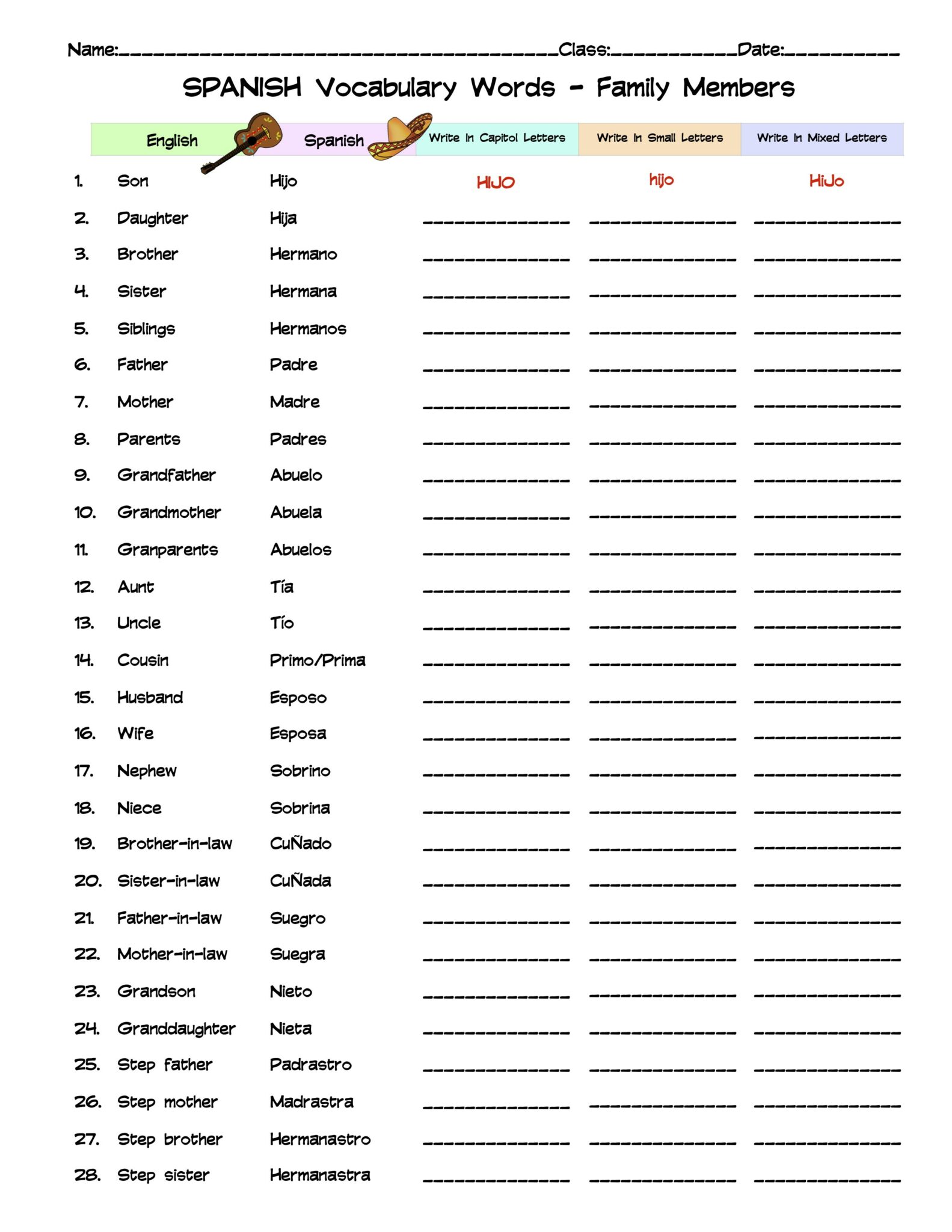 Spanish Family Members Vocabulary Word List Column Worksheet | Made By ...