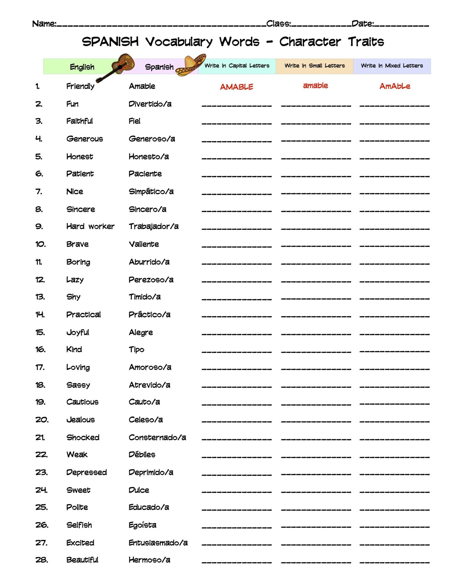 Spanish Character Traits Vocabulary Word List Column Worksheet | Made ...