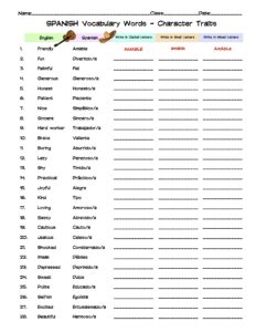 Spanish Character Traits Vocabulary Word List Column Worksheet | Made ...