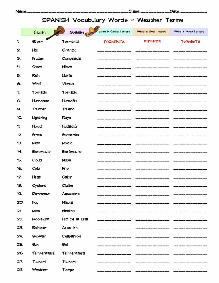 Spanish Months & Seasons Vocabulary Word List Column Worksheet | Made ...