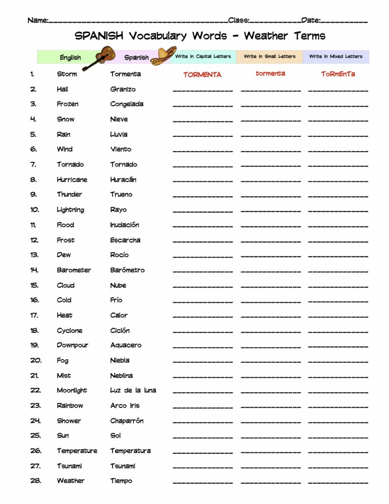 Spanish School Items Vocabulary Word List Column Worksheet | Made By ...