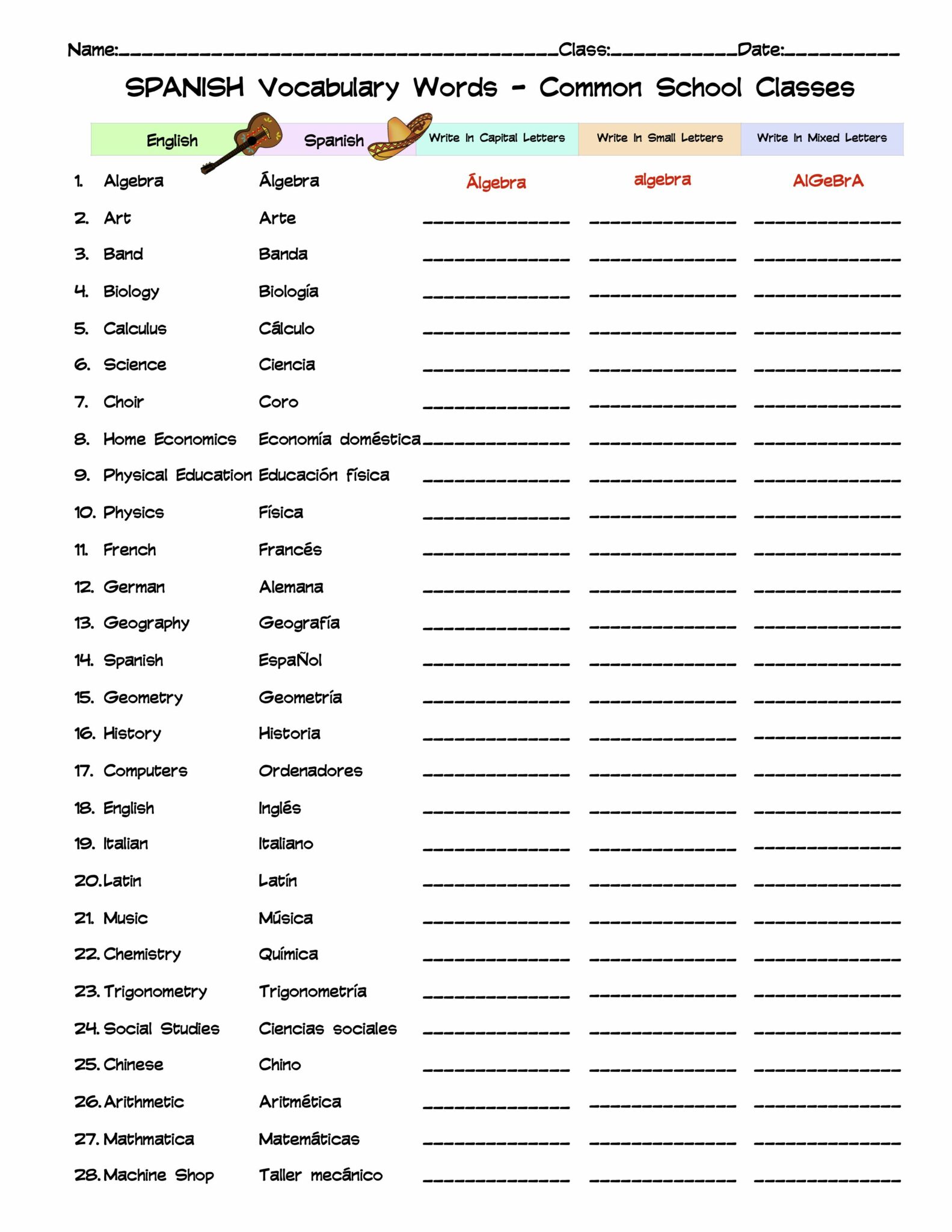 Spanish Common School Classes Vocabulary Word List Column Worksheet ...