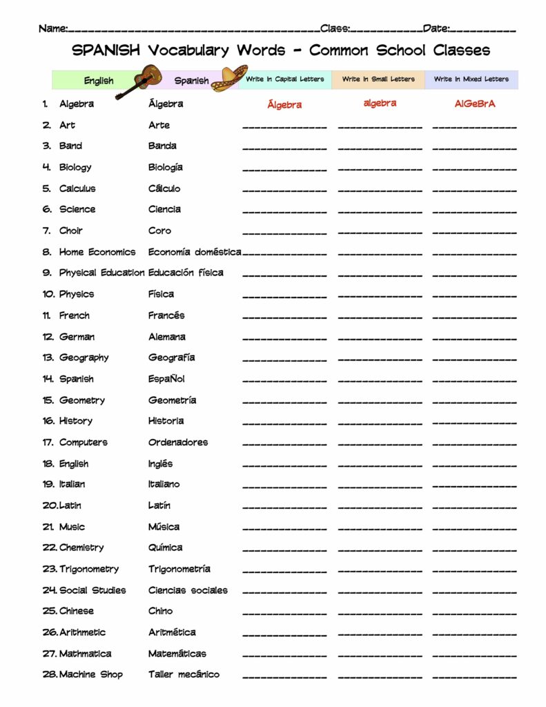 Spanish Common School Classes Vocabulary Word List Column Worksheet