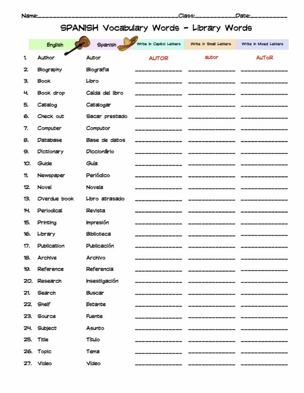 Spanish Common Questions Vocabulary Word list Column Worksheet | Made ...