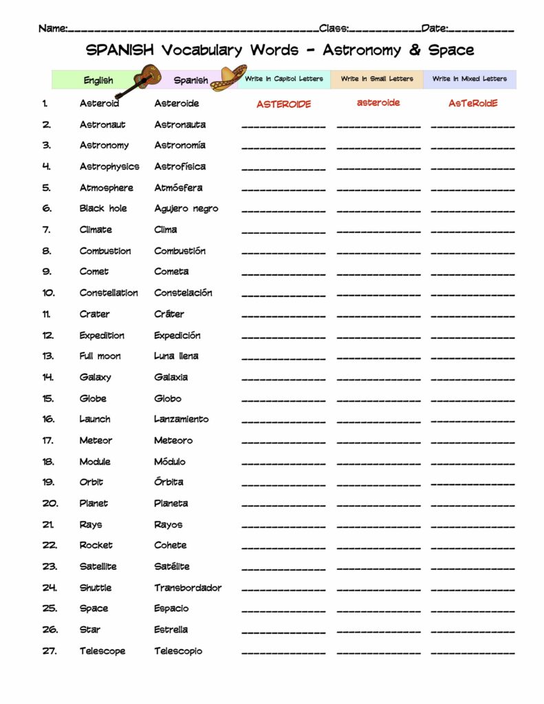 Spanish Astronomy & Space Column Vocabulary Worksheet | Made By Teachers