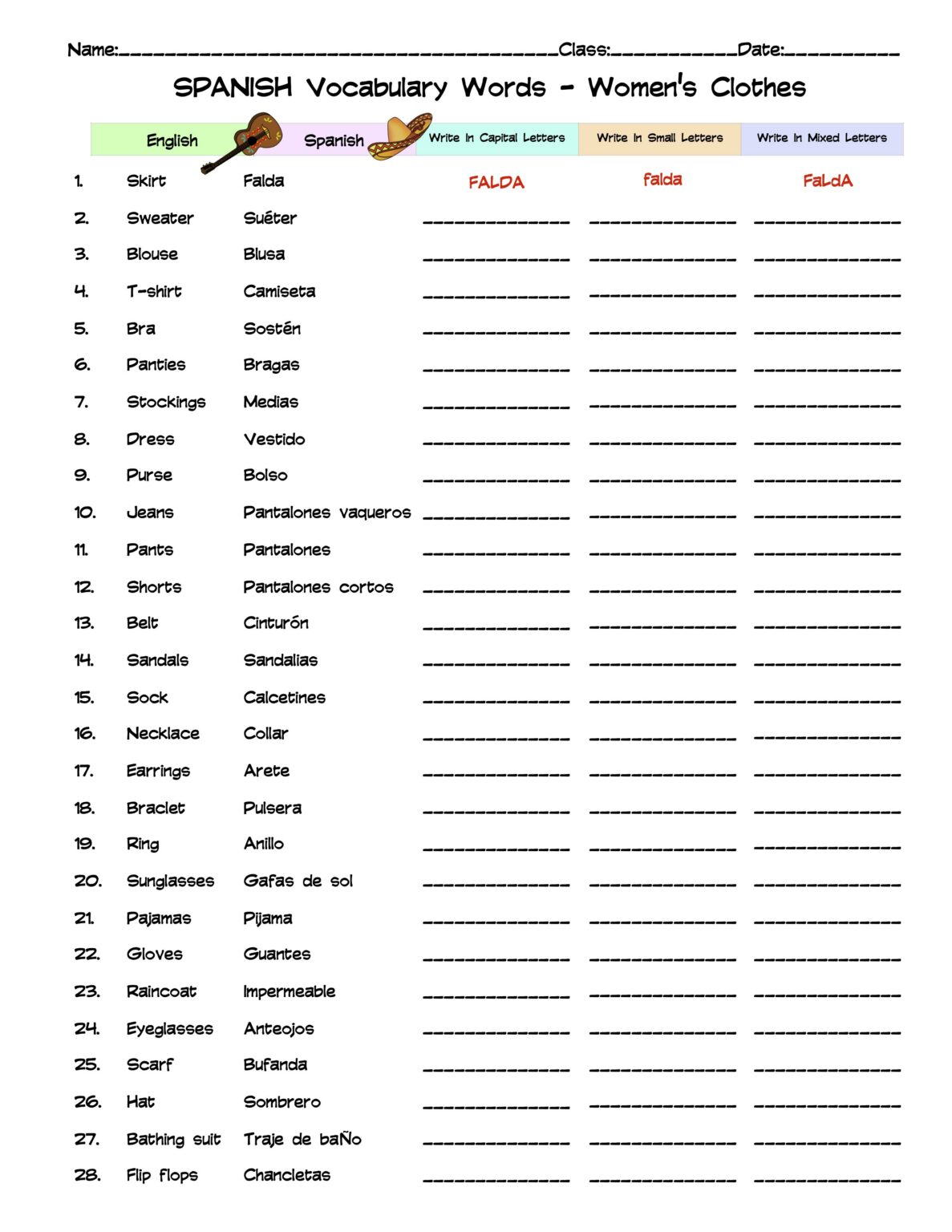 Spanish Common School Classes Vocabulary Word List Column Worksheet ...