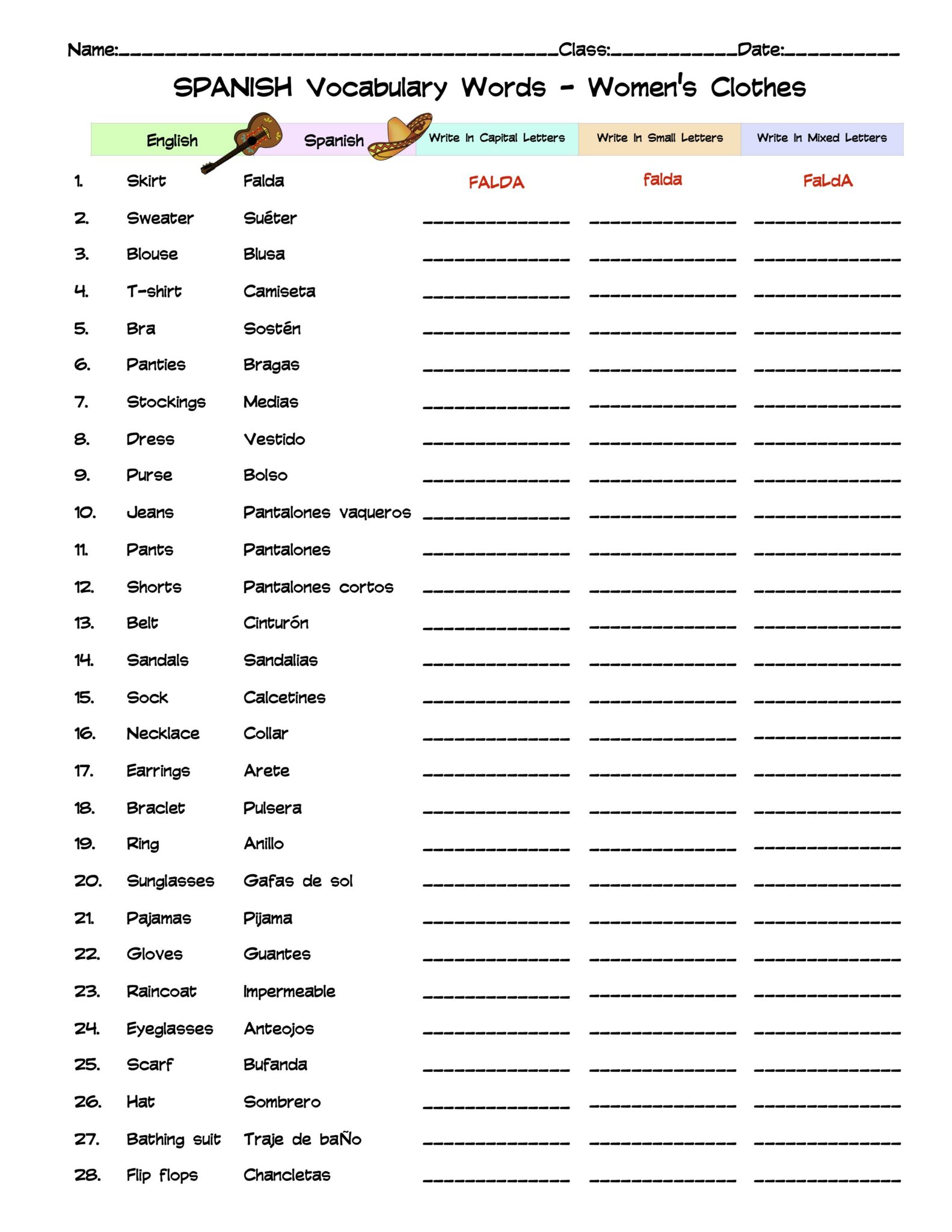 Spanish Women's Clothes Vocabulary Word List Column Worksheet | Made By ...