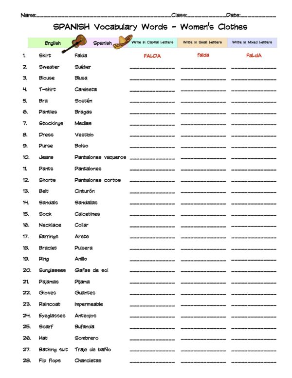 Spanish Common School Classes Vocabulary Word List Column Worksheet ...