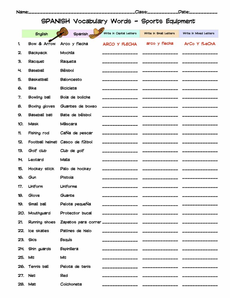 Spanish Sports Equipment Vocabulary Word List Column Worksheet | Made ...