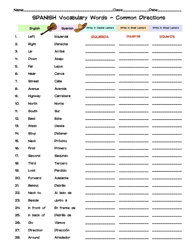 Spanish Common Directions Vocabulary Word List Column Worksheet | Made ...