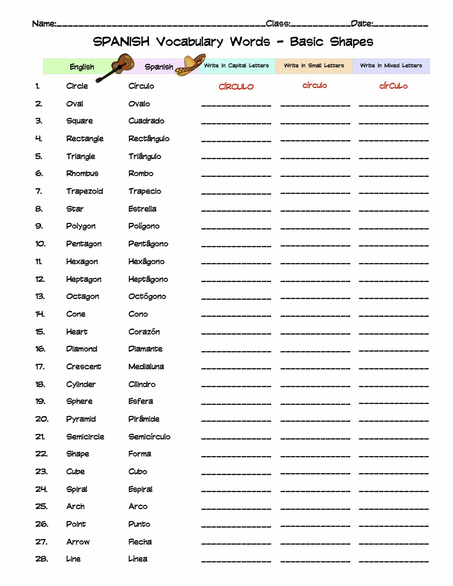 Spanish Basic Shapes Vocabulary Word list Column Worksheet | Made By ...