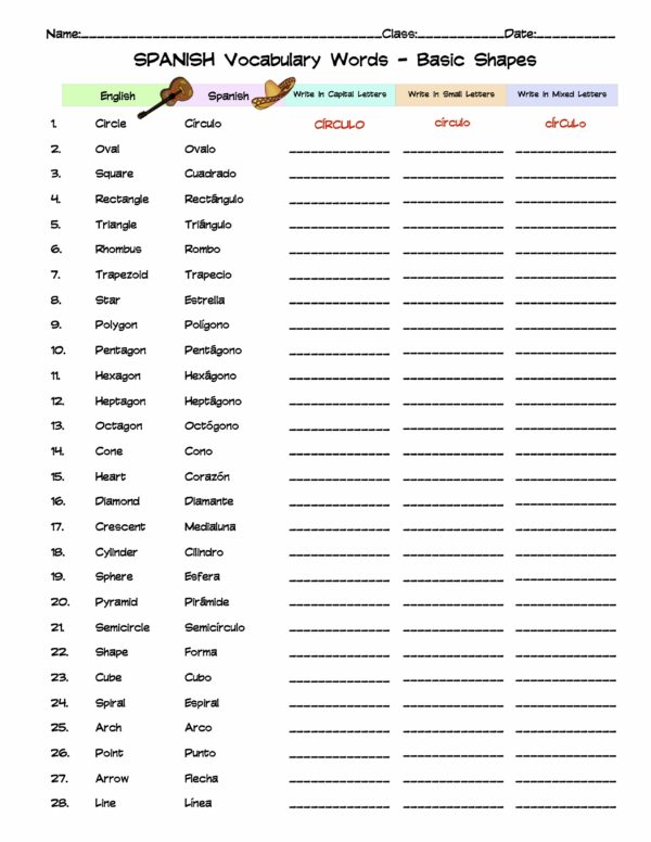 Spanish Basic Shapes Vocabulary Word list Column Worksheet | Made By ...