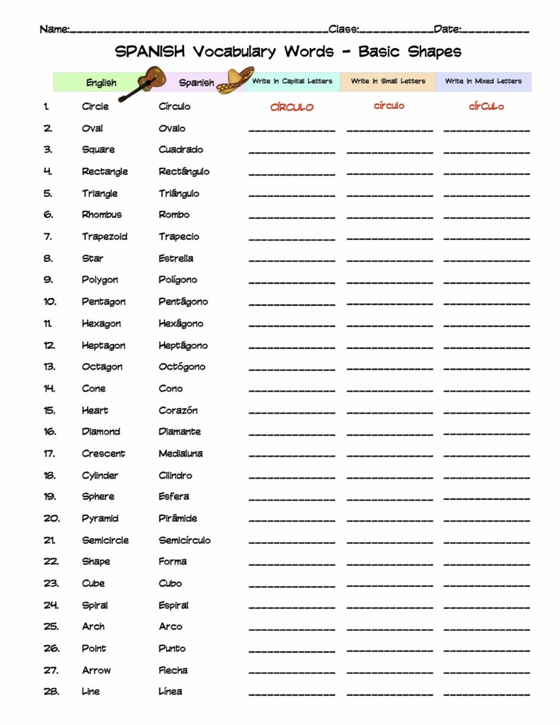 Spanish Basic Shapes Vocabulary Word list Column Worksheet | Made By ...