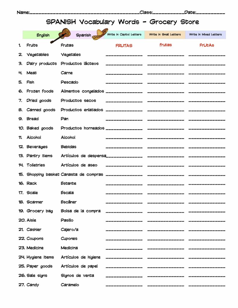 Spanish Grocery Store Vocabulary Word List Column Worksheet | Made By ...