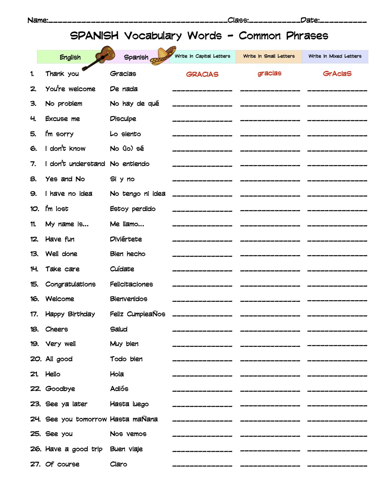 Spanish Common Phrases Vocabulary Word List Column Worksheet | Made By ...