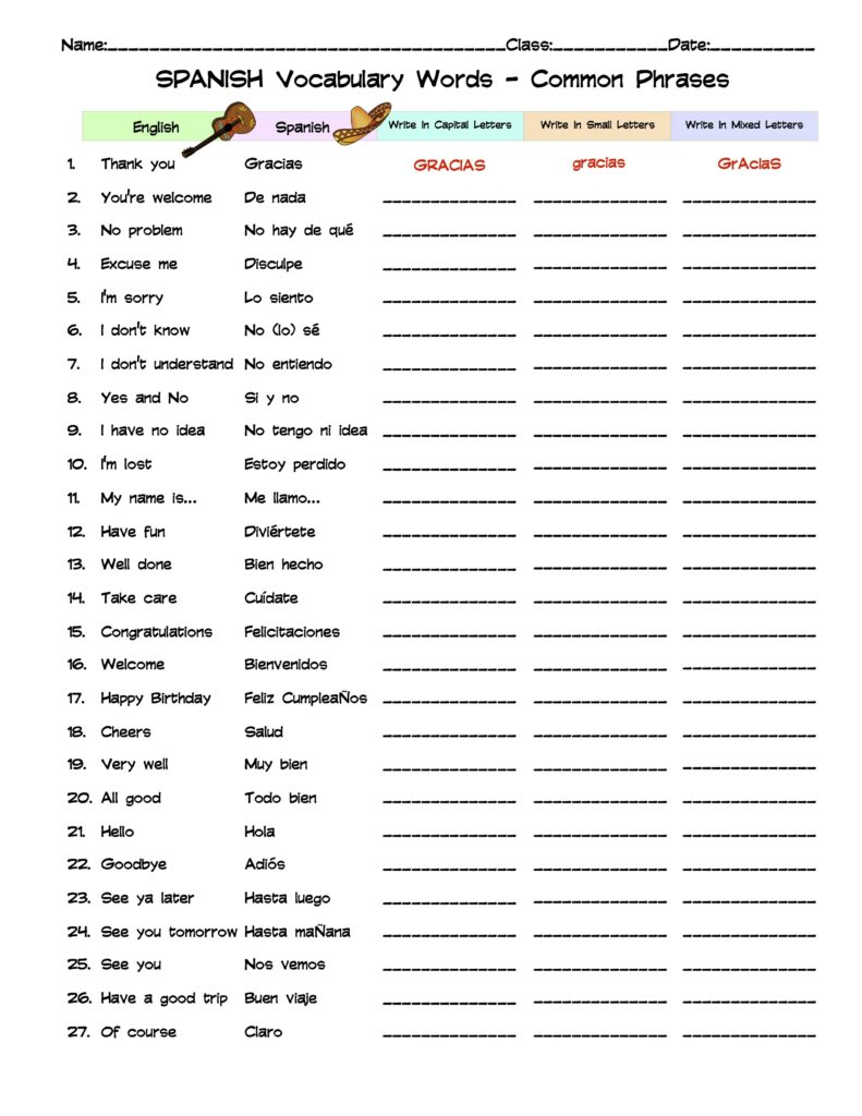 Spanish Common Phrases Vocabulary Word List Column Worksheet | Made By ...