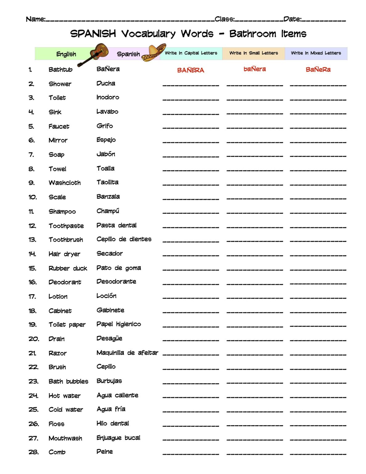 Spanish Bathroom Items Vocabulary Word List Column Worksheet | Made By ...