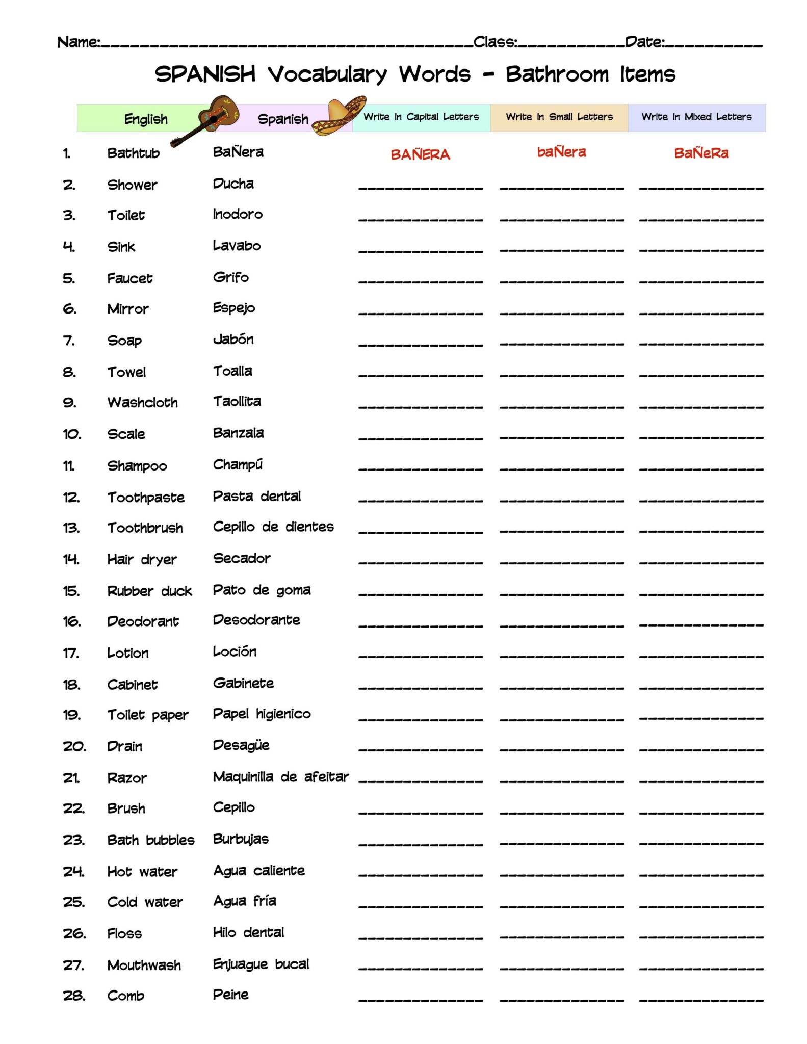 Spanish Bathroom Items Vocabulary Word List Column Worksheet | Made By ...