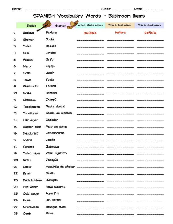 Spanish Bathroom Items Vocabulary Word List Column Worksheet | Made By ...
