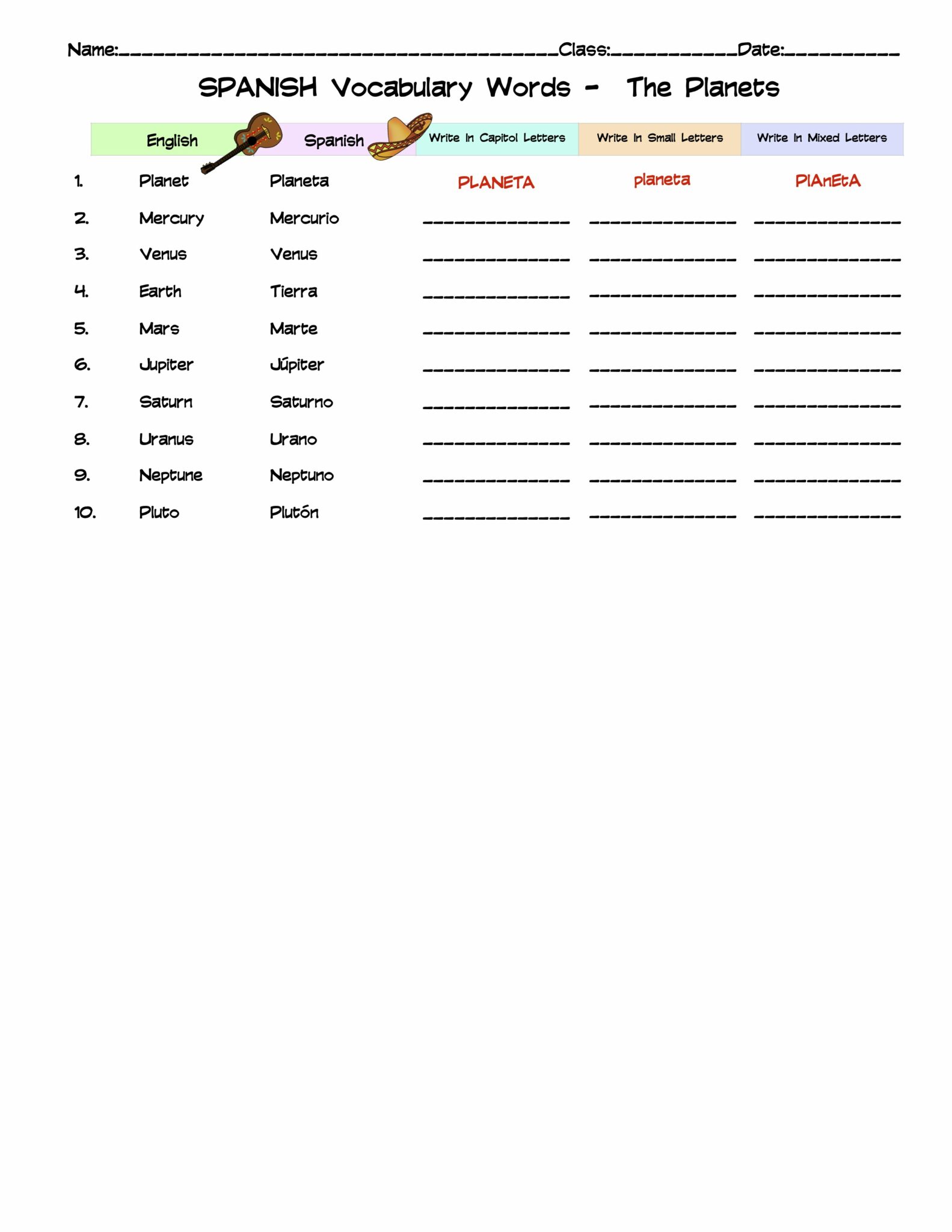 Spanish The Planets Vocabulary Word List Column Worksheet | Made By ...