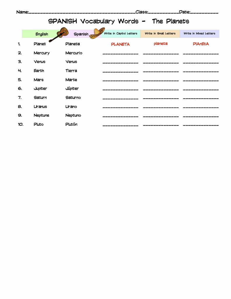 Spanish The Planets Vocabulary Word List Column Worksheet | Made By ...