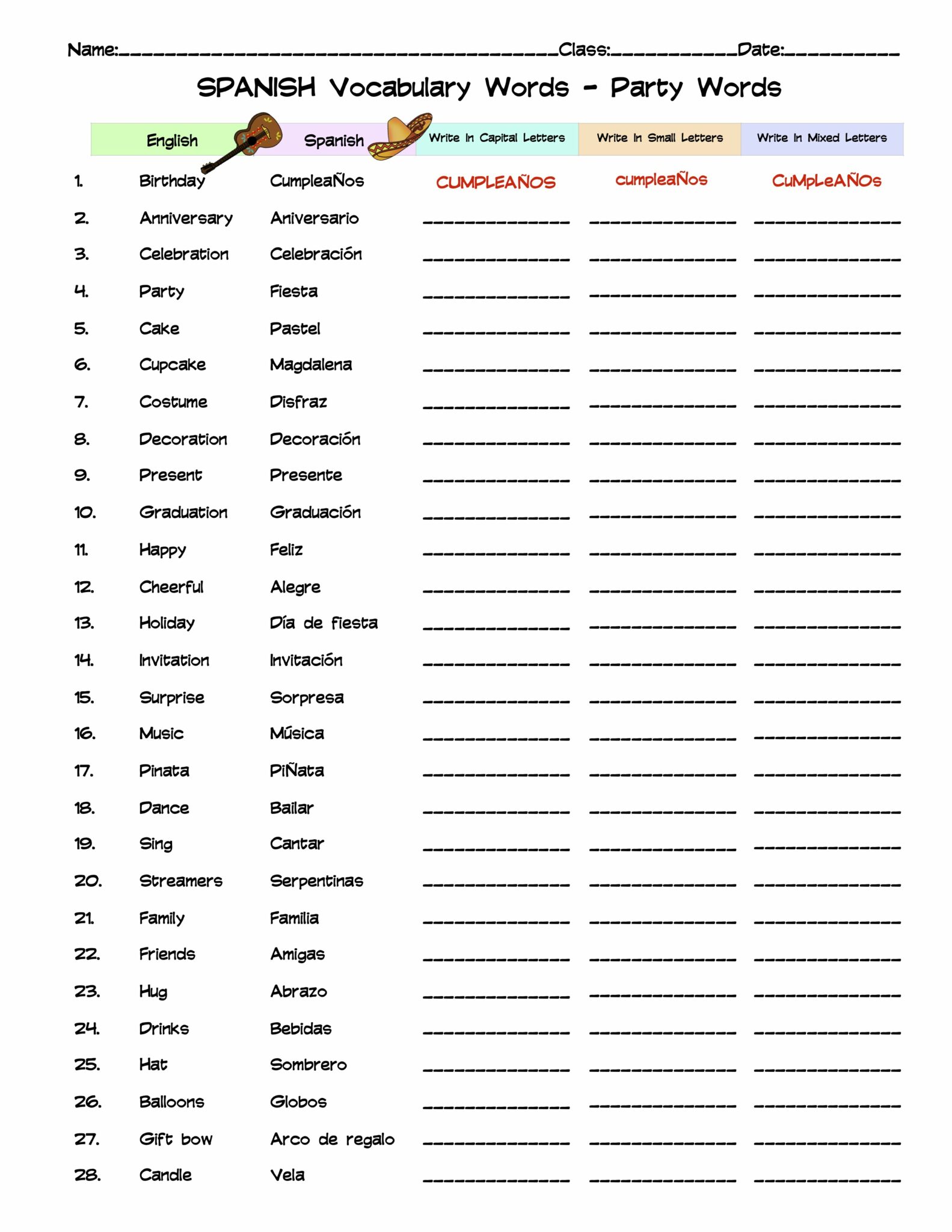 Spanish Party Vocabulary Word List Column Worksheet | Made By Teachers