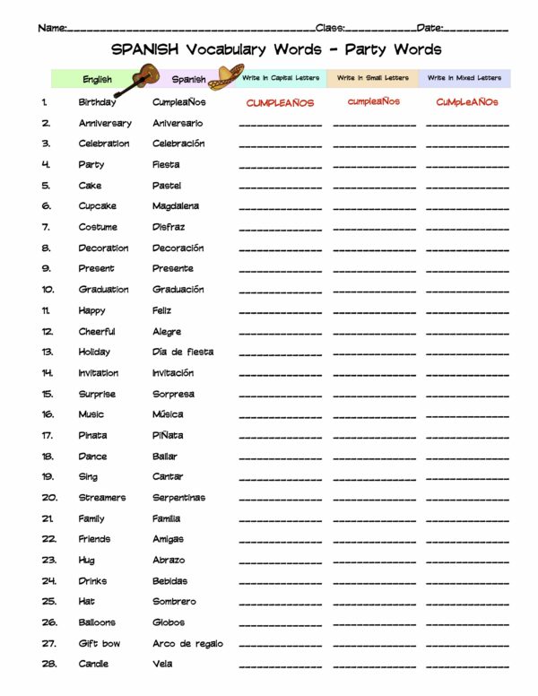 Spanish Party Vocabulary Word List Column Worksheet | Made By Teachers