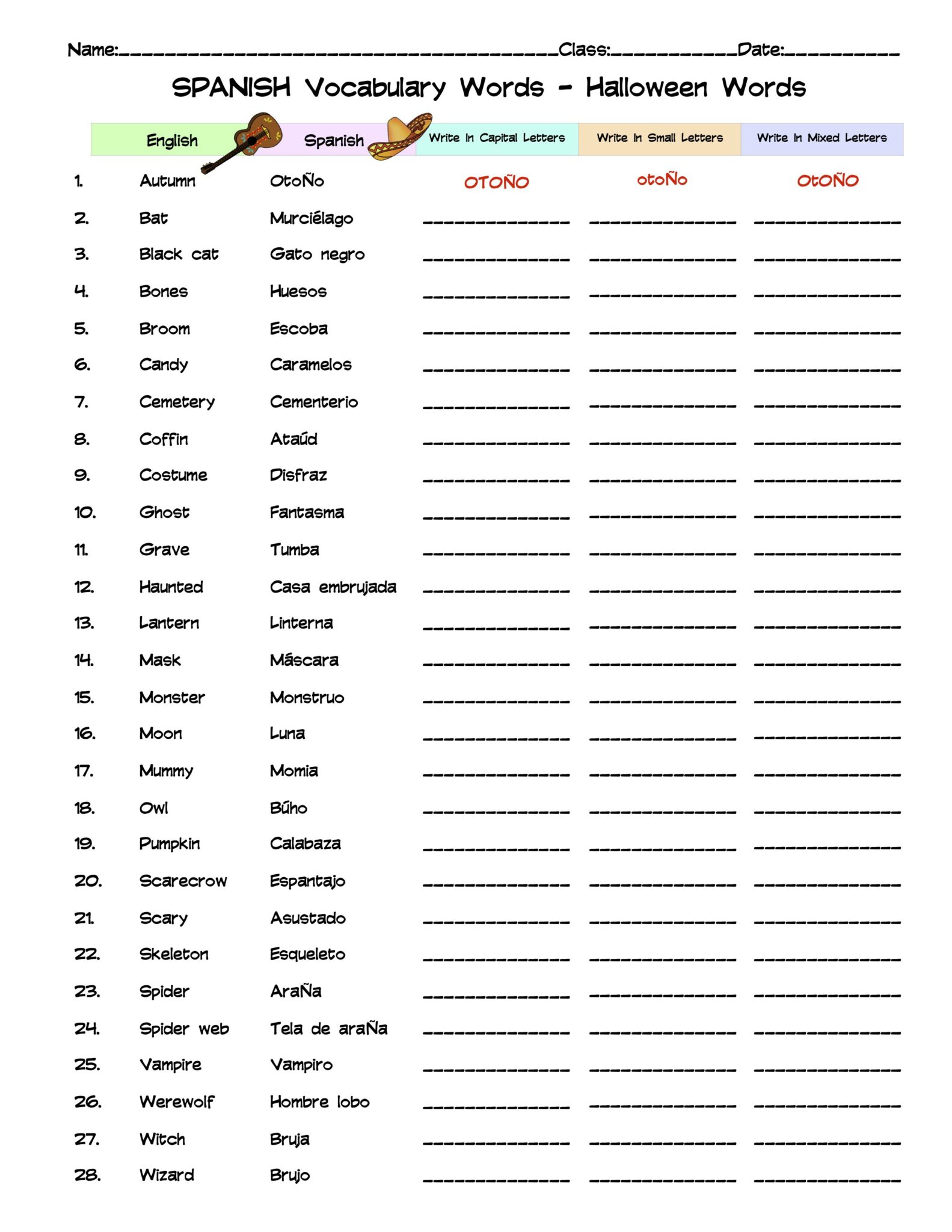 Spanish Halloween Words Vocabulary Word List Column Worksheet | Made By ...