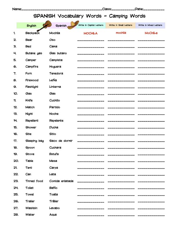 Spanish Camping Words Vocabulary Word List Column Worksheet | Made By ...
