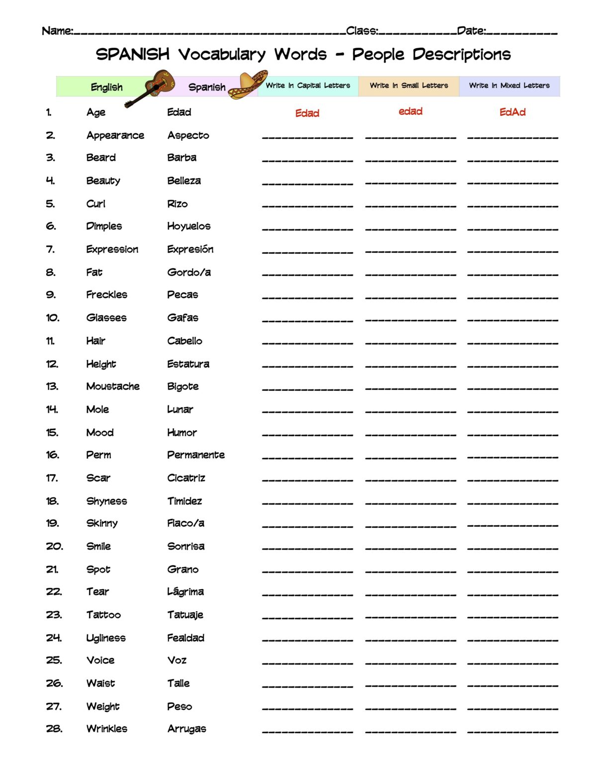 Spanish People Descriptions Vocabulary Word List Column Worksheet ...