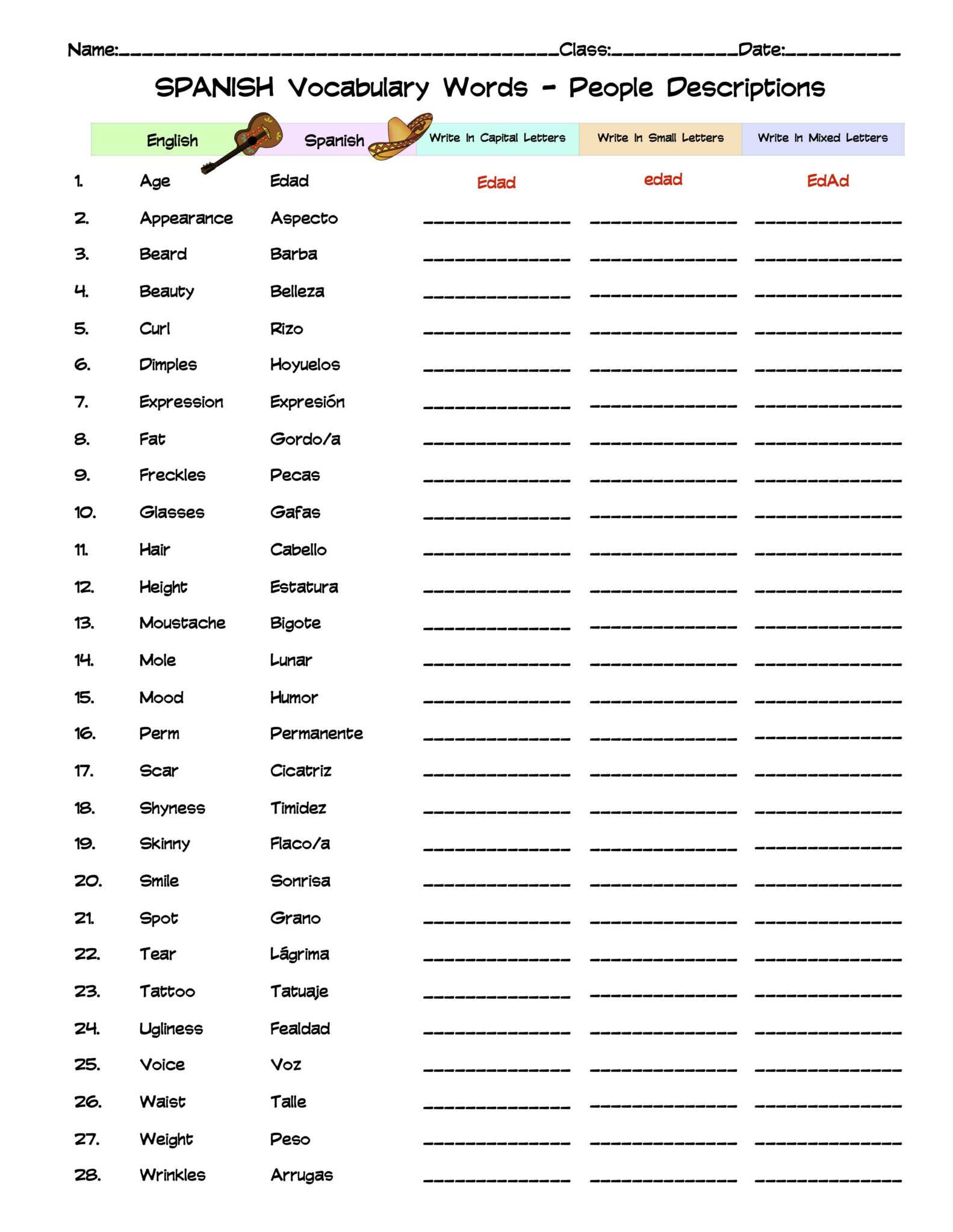 Spanish People Descriptions Vocabulary Word List Column Worksheet ...