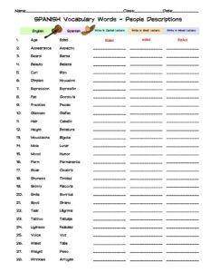 Spanish People Descriptions Vocabulary Word List Column Worksheet ...