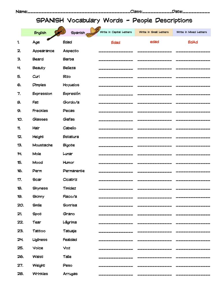 Spanish People Descriptions Vocabulary Word List Column Worksheet ...
