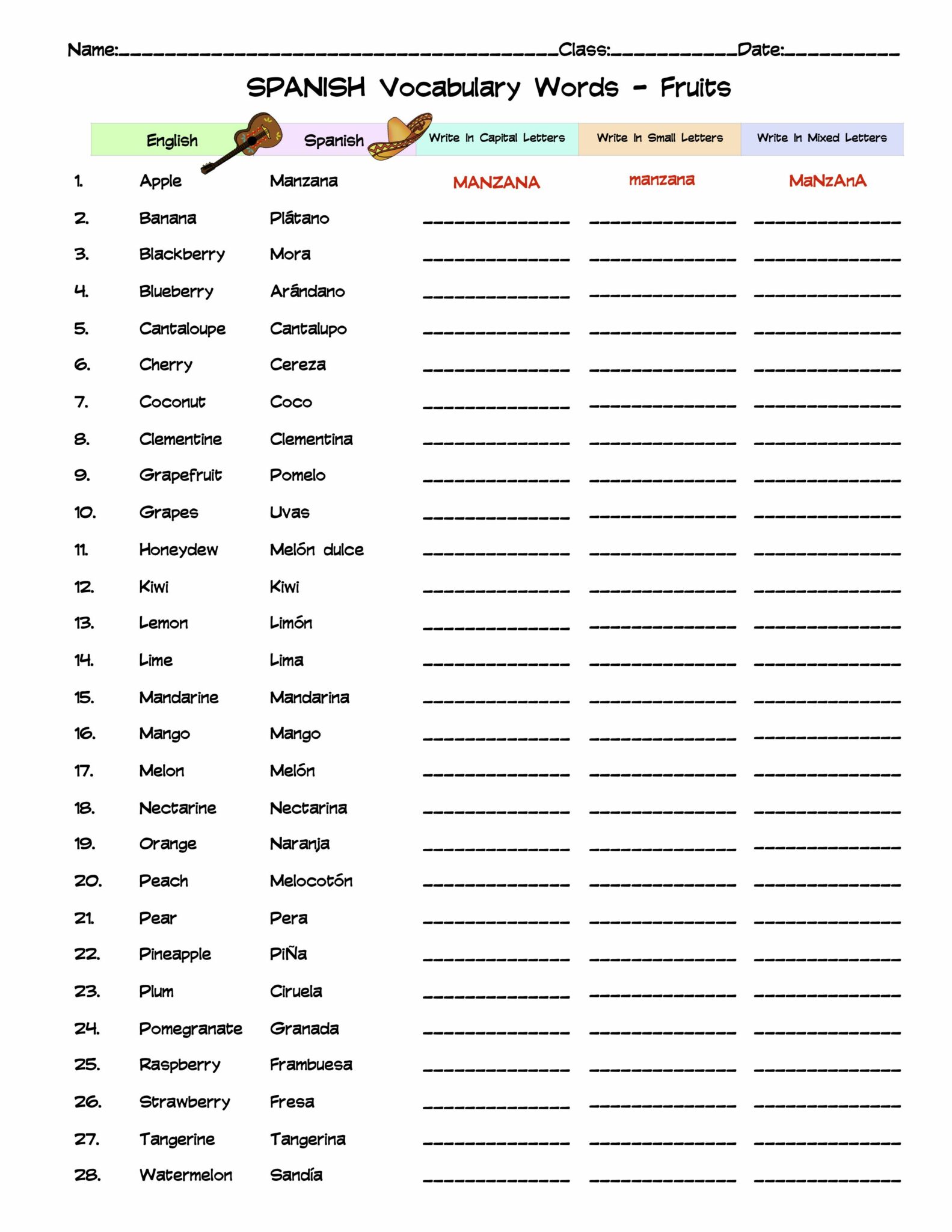 Spanish Vegetables Vocabulary Word List Column Worksheet | Made By Teachers