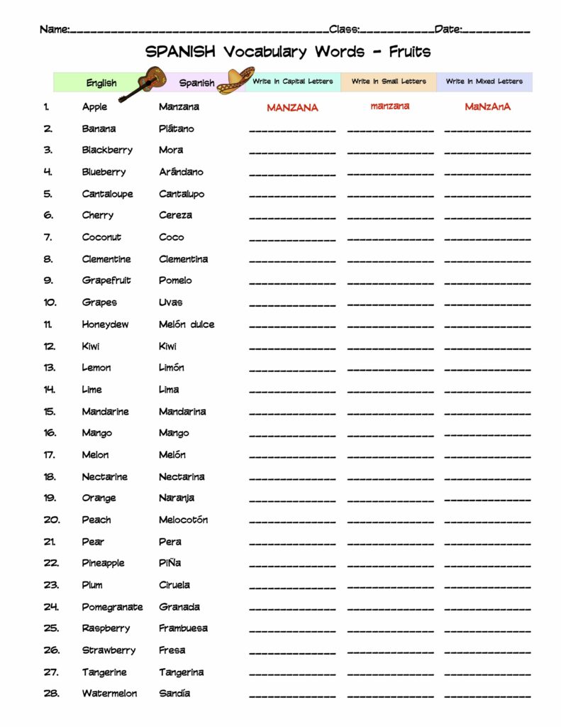 Spanish Fruits Vocabulary Word List Column Worksheet | Made By Teachers