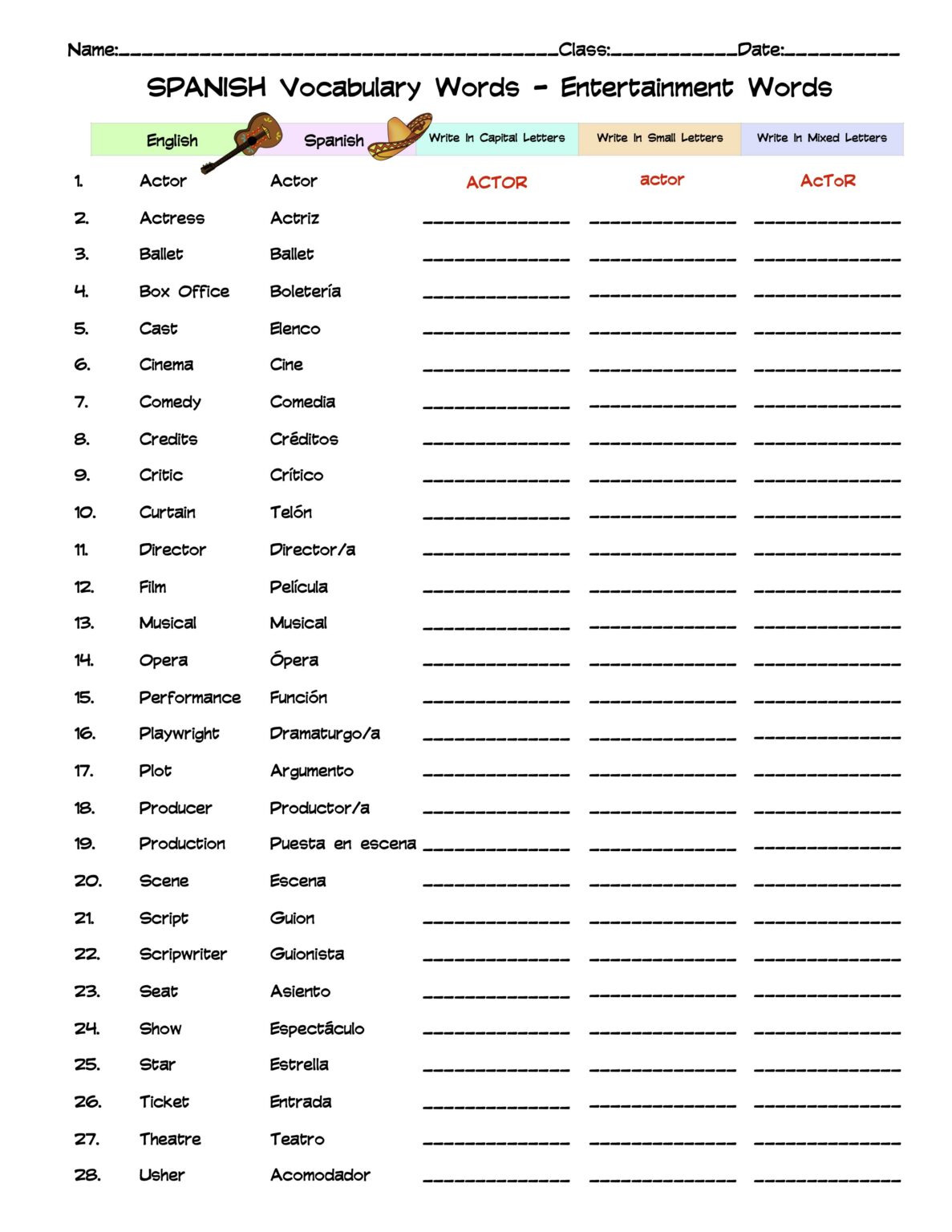 Spanish Study/Office Items Vocabulary Word List Column Worksheet | Made ...