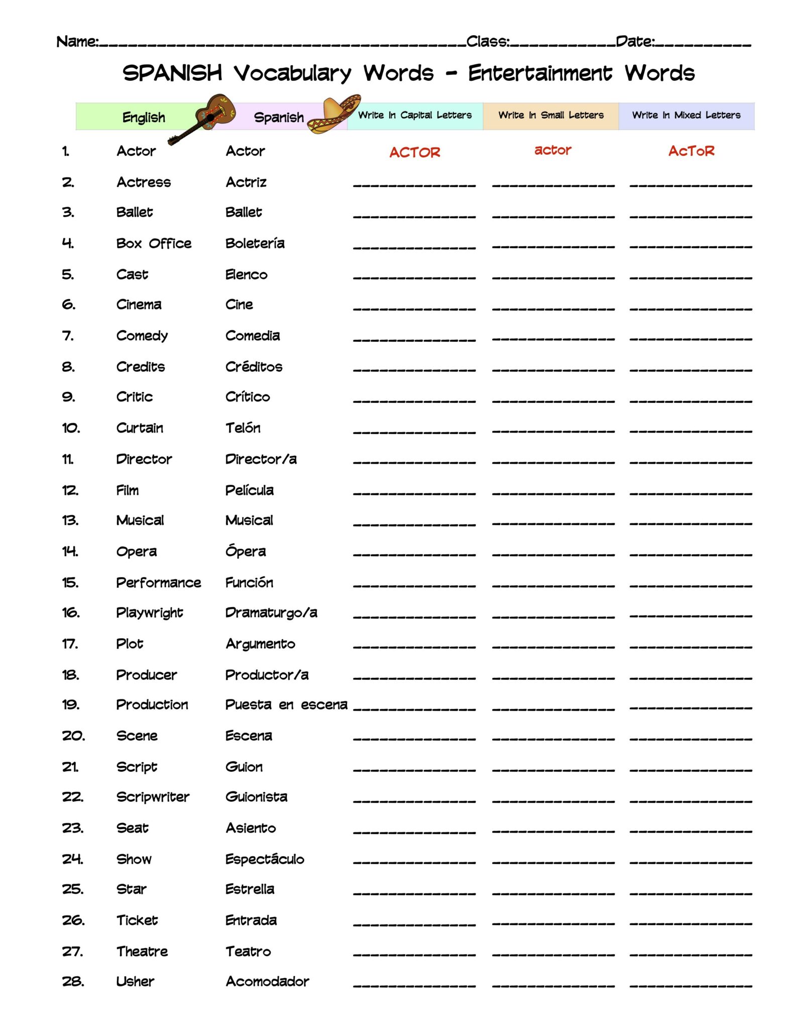 Spanish Study/Office Items Vocabulary Word List Column Worksheet | Made ...